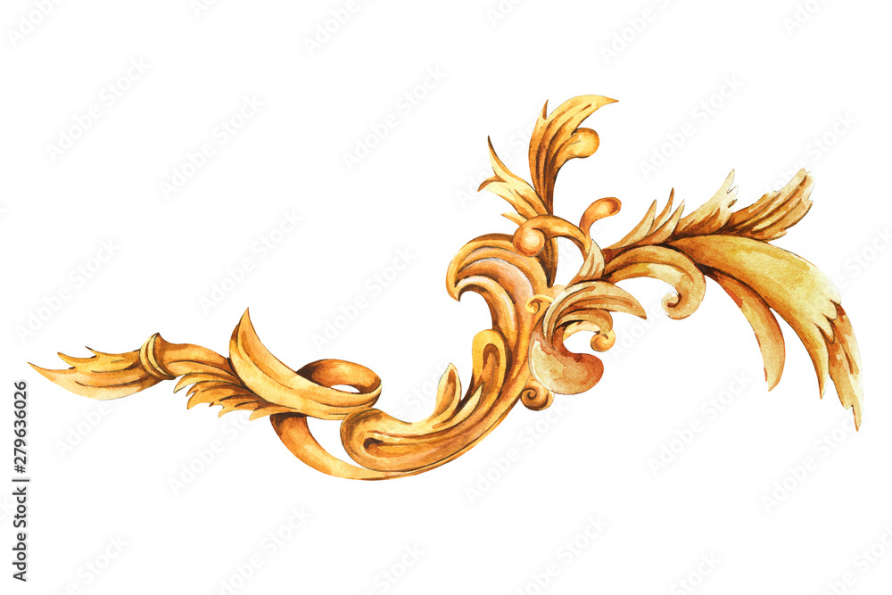 Watercolor golden baroque floral curl, rococo ornament element. Hand ...