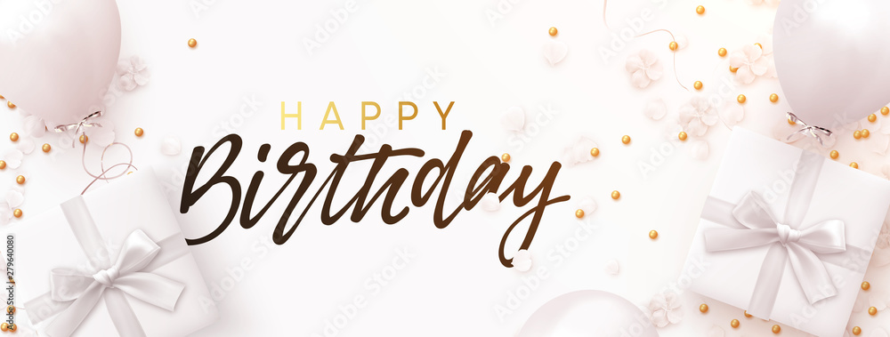 Happy birthday banner. Festive design realistic white air balloons ...