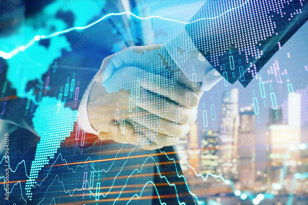 Double exposure of financial chart and world map on cityscape ...