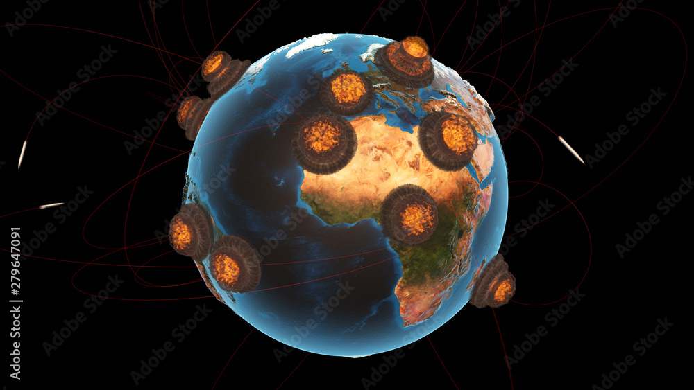 3d Illustration of a nuclear war seen on a screen in the command center ...