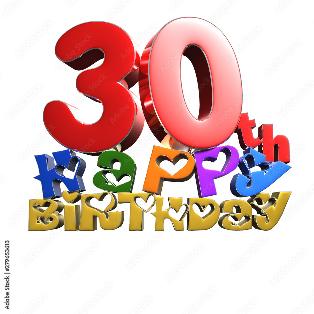 30 th Happy Birthday 3d rendering on white background.(with Clipping ...