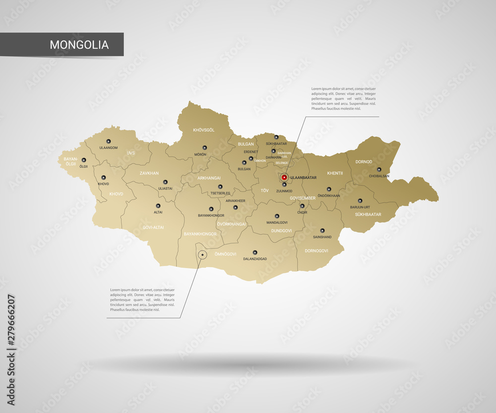 Stylized vector Mongolia map. Infographic 3d gold map illustration with ...