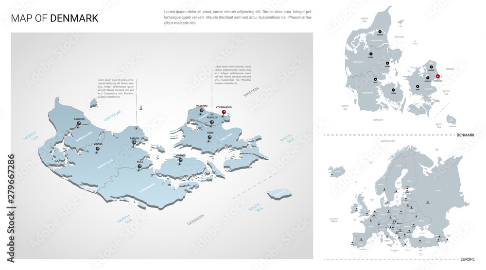 Vetor de Vector set of Denmark country. Isometric 3d map, Denmark map ...