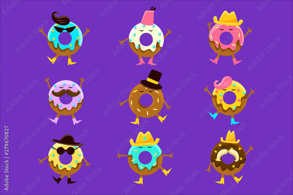 Humanized Doughnut Cartoon Characters With Arms And Legs Different ...