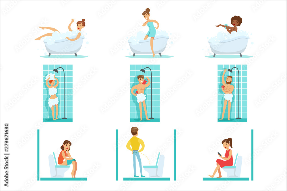 People In The Bathroom Doing Their Routine Hygiene Procedures, Taking ...