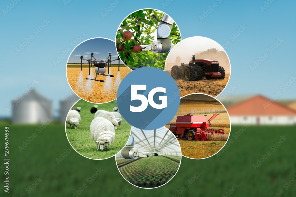 5G network for control smart farm. Smart agriculture 4.0. Stock Photo ...