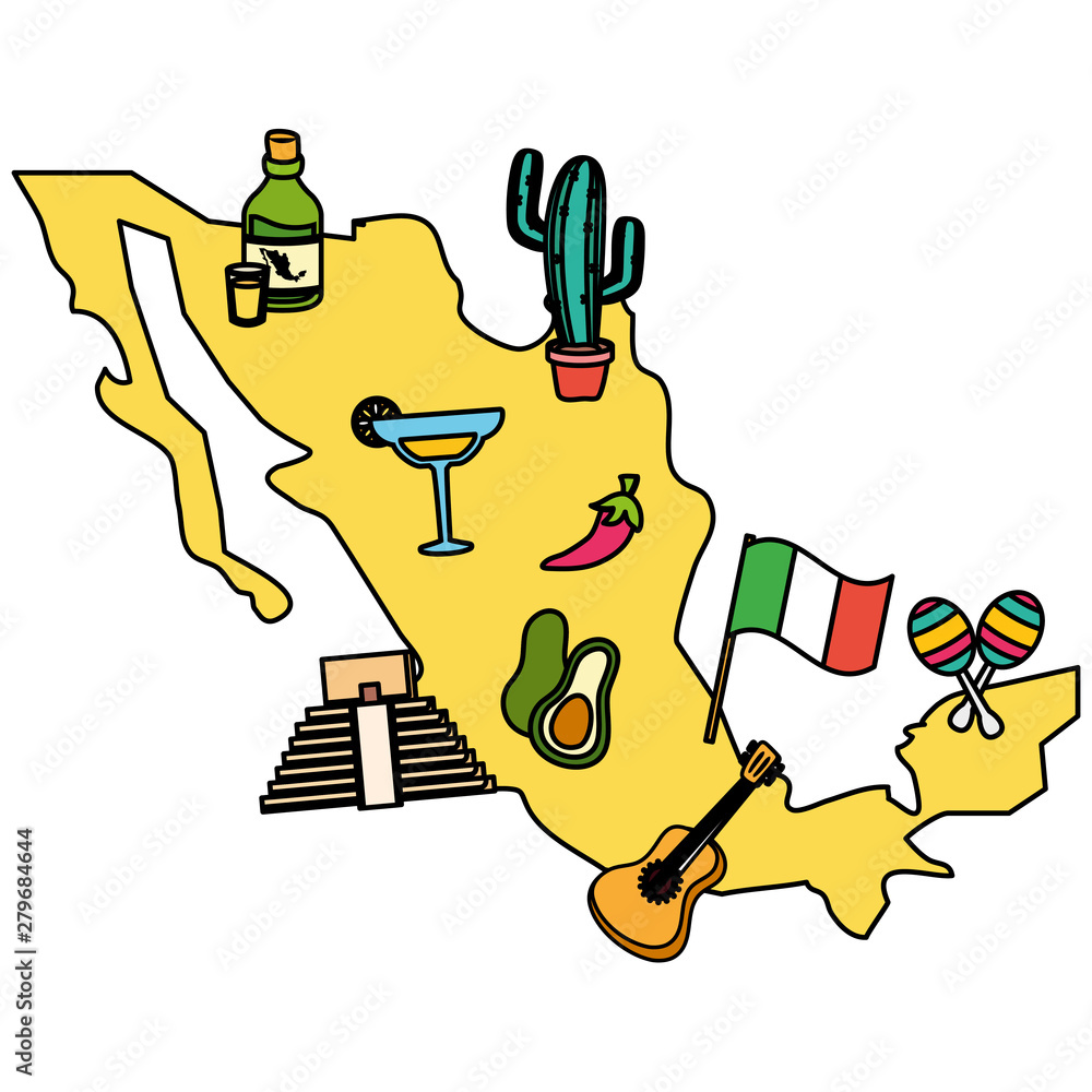 mexico map with set cultural icons Stock Vector | Adobe Stock
