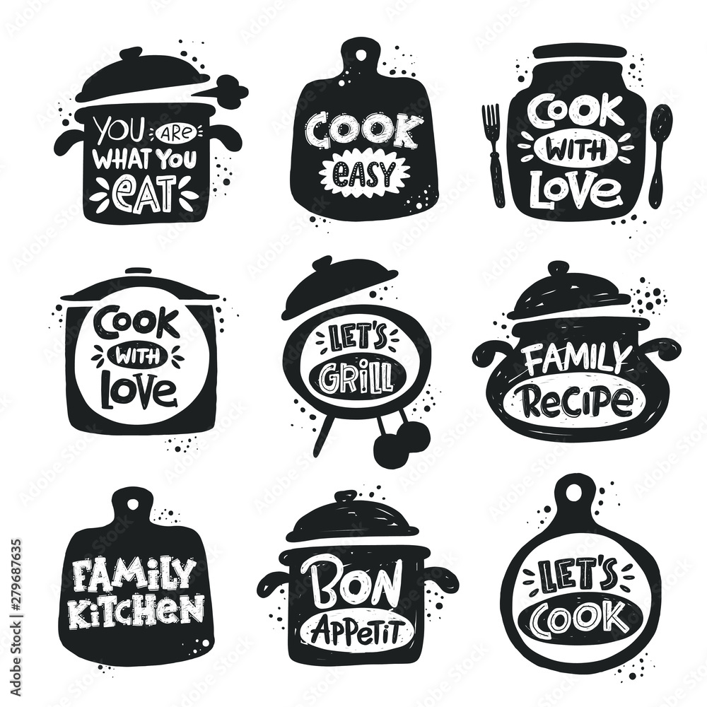 Cooking inscription slogans set. Logo, icon, label. Hand drawn vector ...