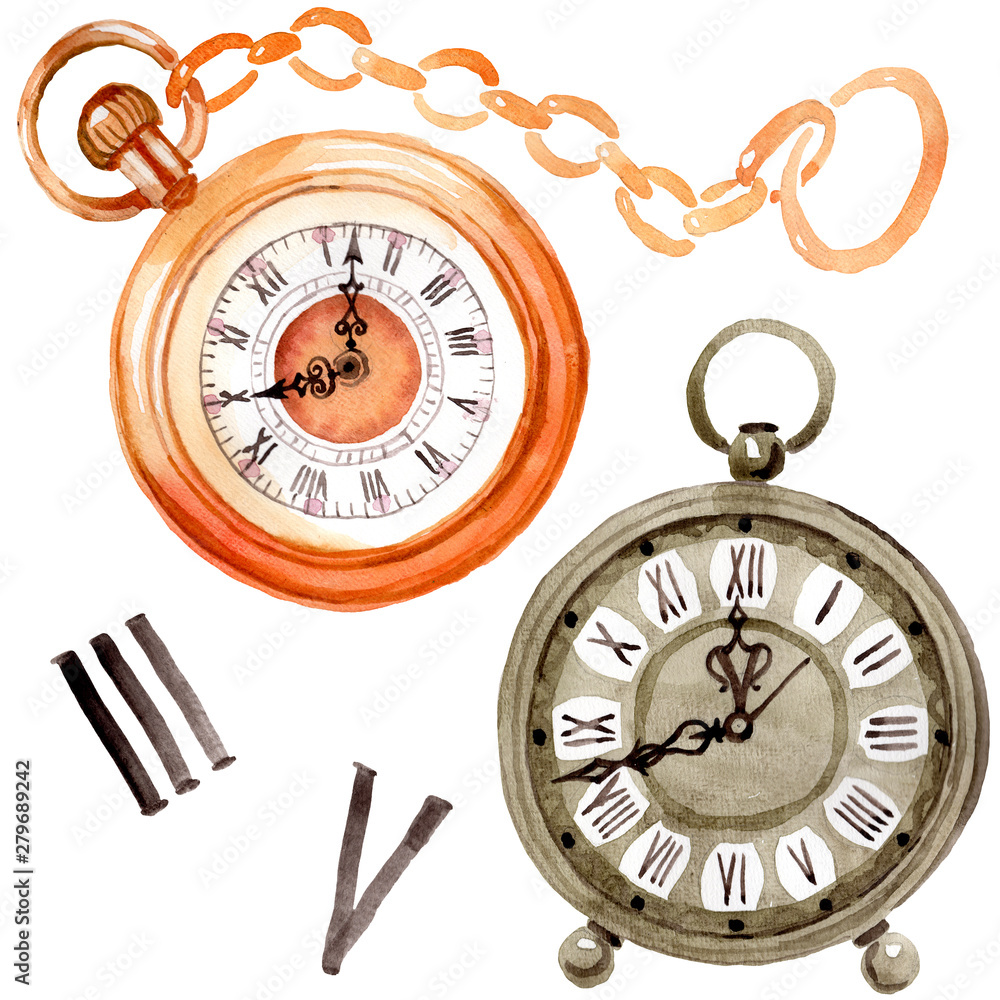 Vintage old clock pocket watch. Watercolor background illustration set ...
