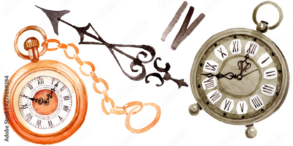 Vintage old clock pocket watch. Watercolor background illustration set ...
