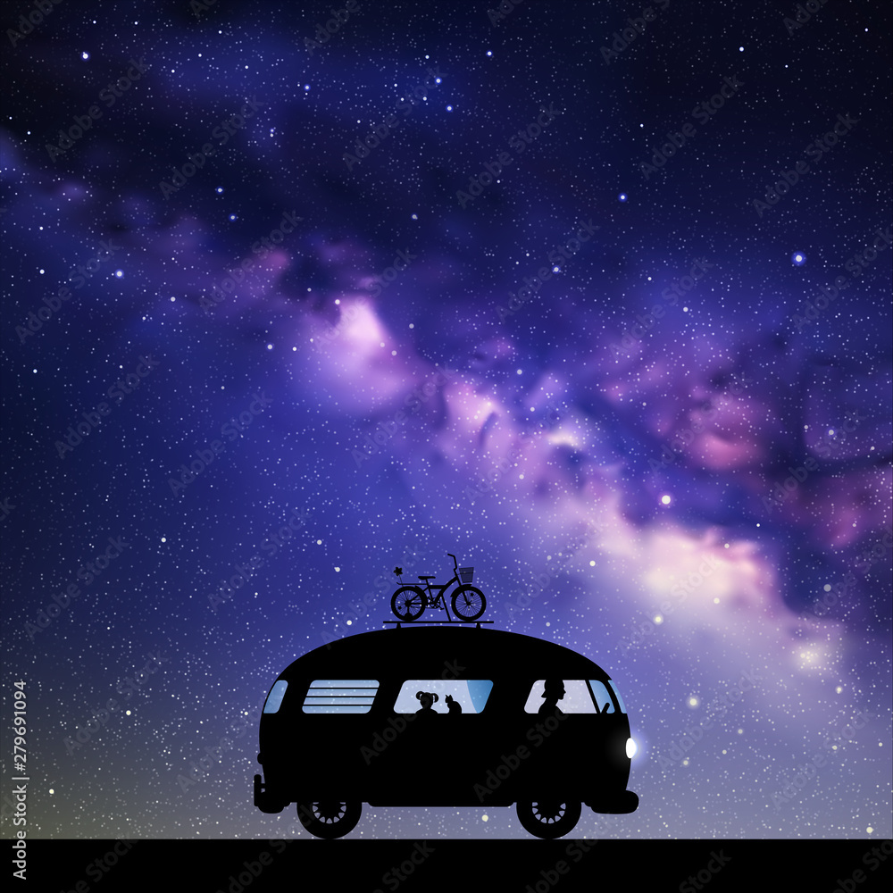 Cartoon retro car on road at night. Vector illustration with ...