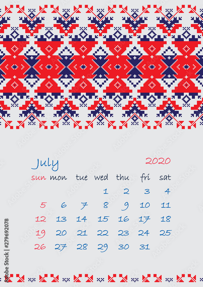 2020 Page of Calendar planner with ethnic cross-stitch ornament Week ...