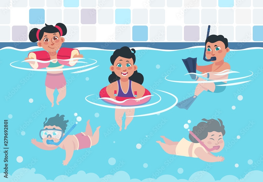 Swimming kids. Cartoon happy children in a pool, flat boys and girls ...