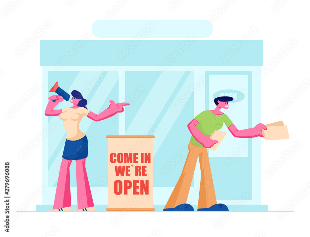 Friendly Promoters Giving Invitation Flyers at Store Entrance for Shop ...