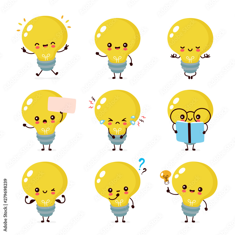 Cute happy smiling light bulb character Stock Vector | Adobe Stock