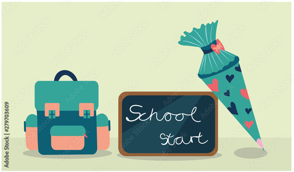 School bag vector illustration with blackboard saying: school start and ...