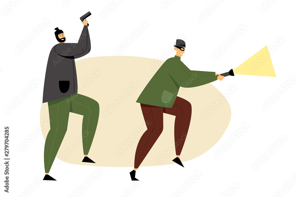 Masked Thieves, Burglars or Robbers Holding Gun and Glowing Flashlight ...