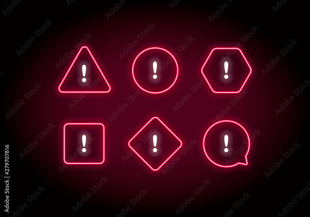 Vector neon light attention icon set. Glowing outline red icons with ...