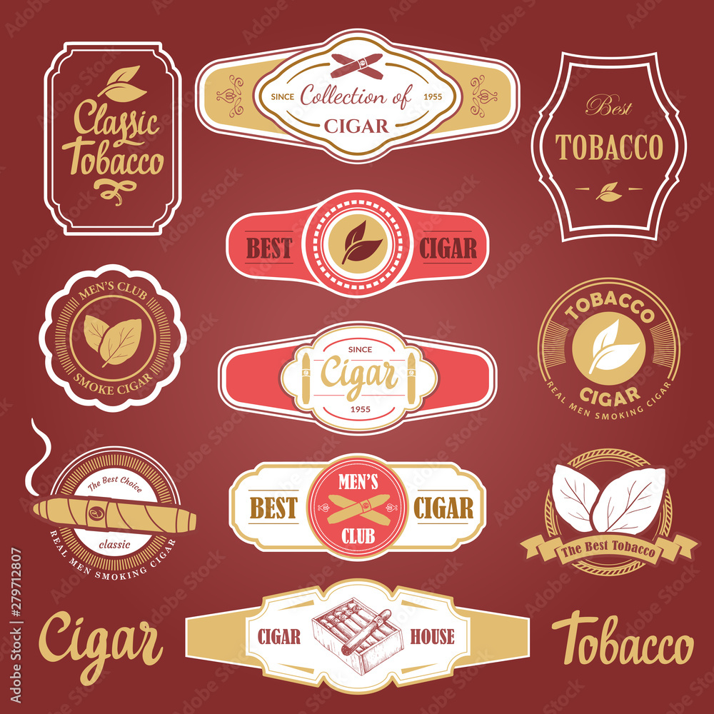 Vector Illustration with logo and labels. Simple symbols tobacco, cigar ...