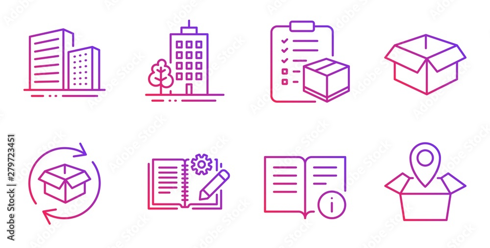 Technical info, Skyscraper buildings and Return parcel line icons set. Engineering documentation ...
