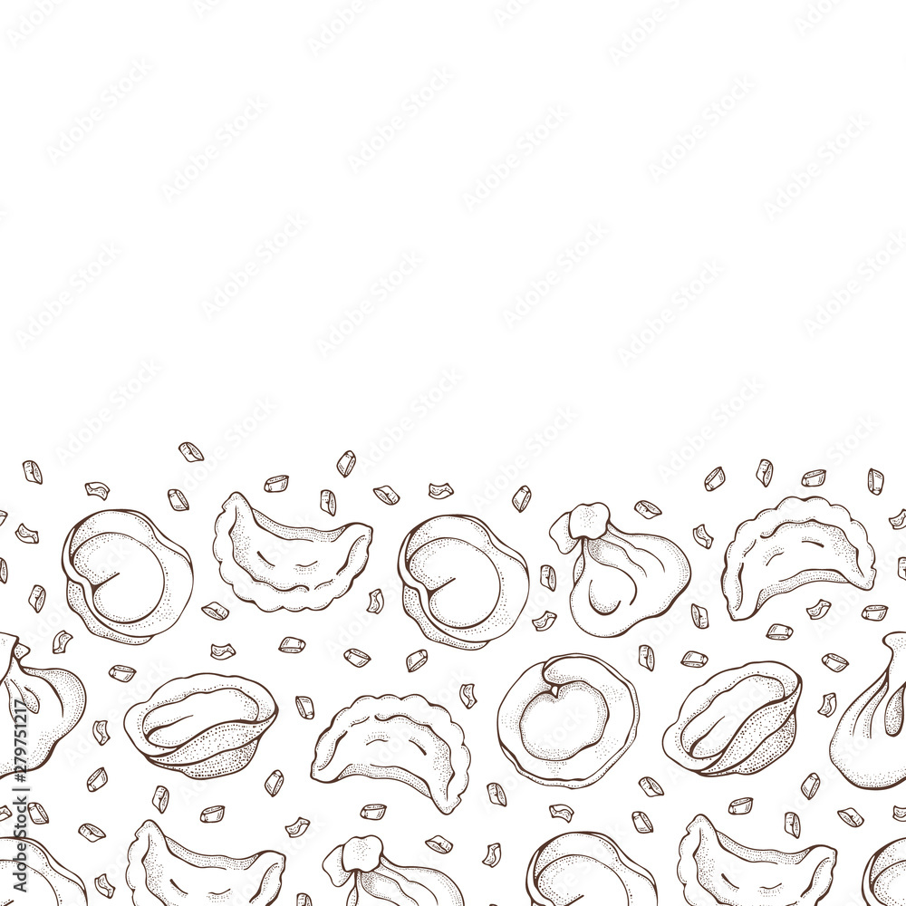 Seamless border of dumplings with spice. Ravioli. Vareniki. Pelmeni ...