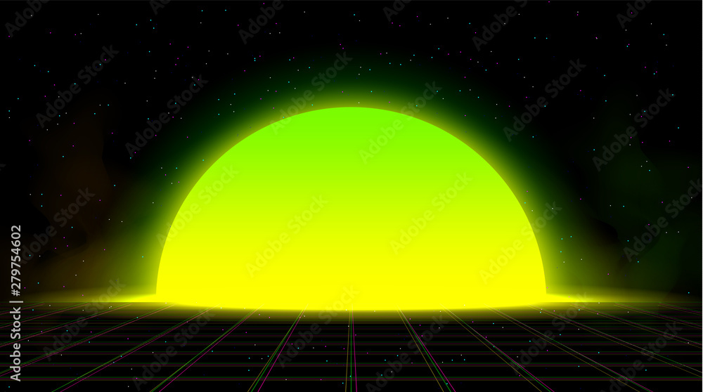 Synthwave vaporwave retrowave yellow green sunset background glitch ...