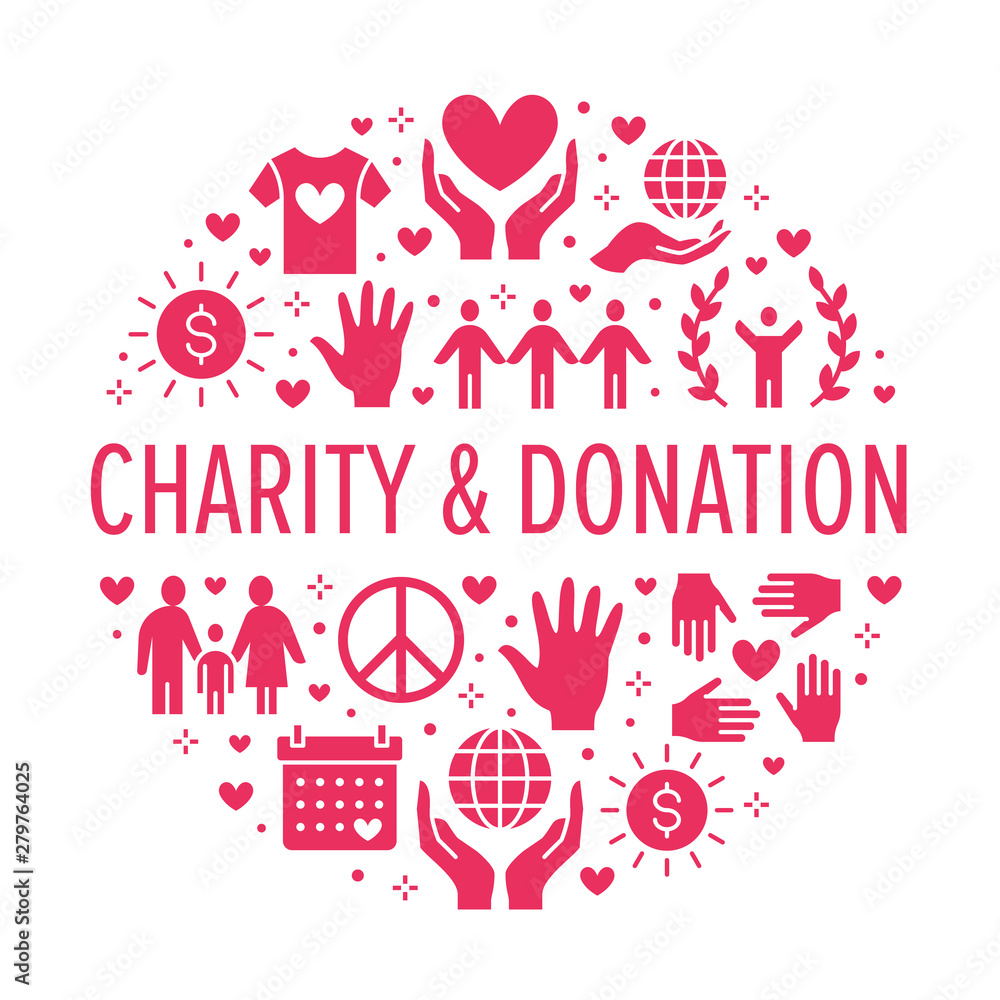Charity vector circle banner with flat silhouette icons. Donation ...