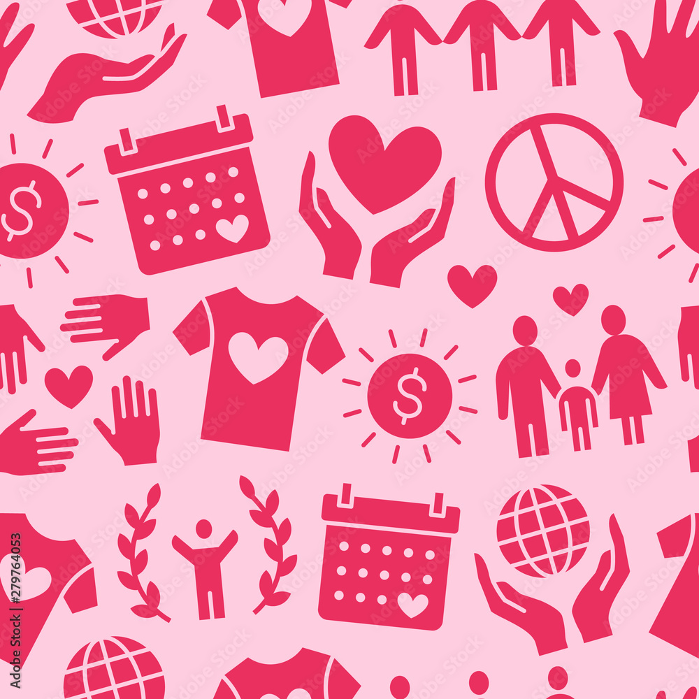 Charity vector seamless pattern with flat silhouette icons. Donation ...