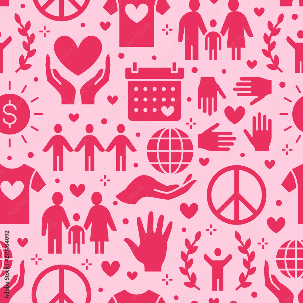 Charity vector seamless pattern with flat silhouette icons. Donation ...
