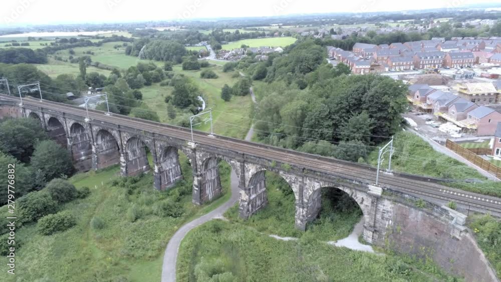 Sankey viaduct aerial above historical British railway arched bridge ...