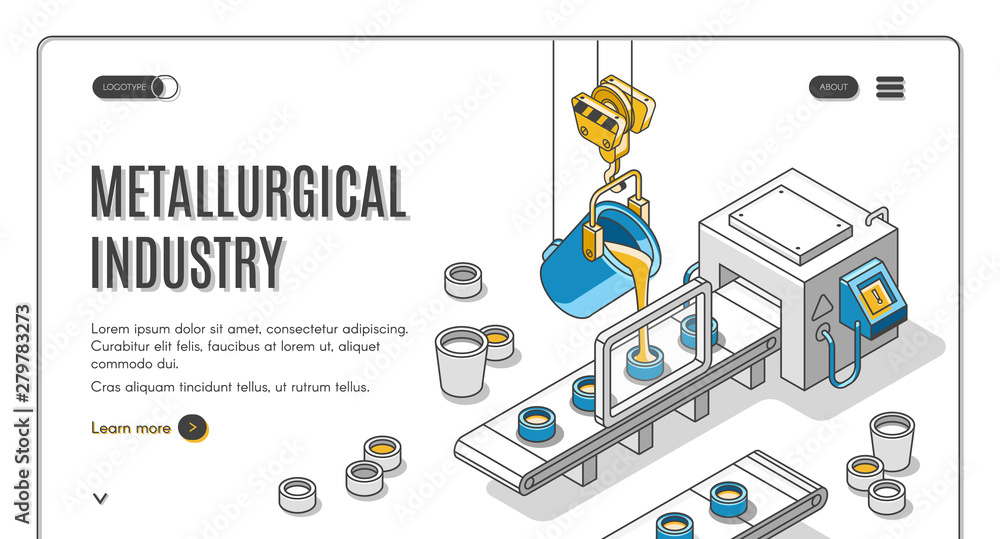 Metallurgical industry company isometric web banner with pouring molten ...