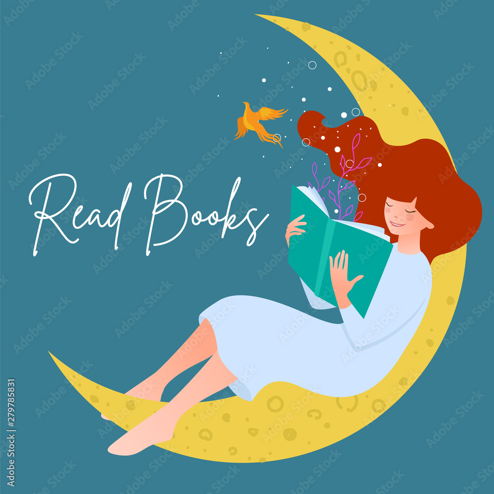 Cartoon banner. Vector illustration of girl reading a book and dreaming ...