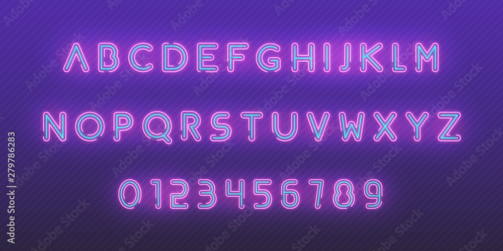 Neon font alphabet. Glowing neon colored 3d modern alphabet and numbers ...