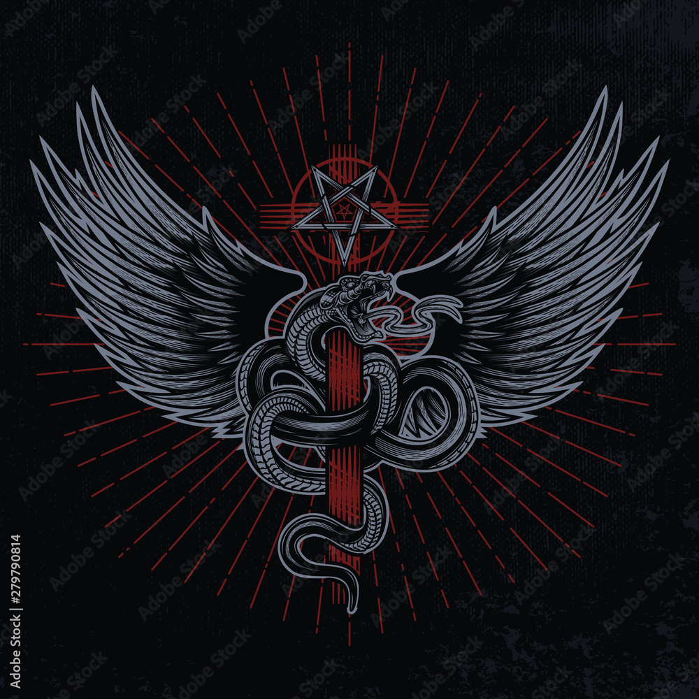 Snake with wings wrapped around a cross with pentagram. Hand drawn ...