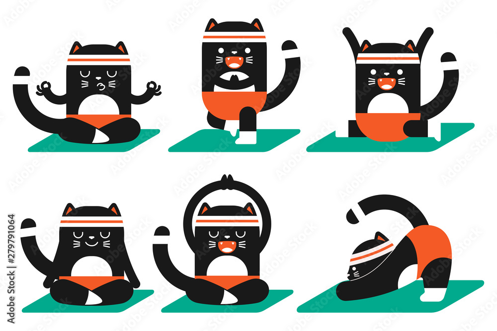 Cute black cat doing yoga poses exercises. Funny vector cartoon pet ...