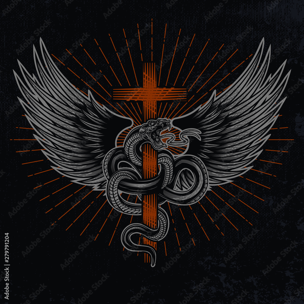 Snake with wings wrapped around a cross. Hand drawn vector illustration ...
