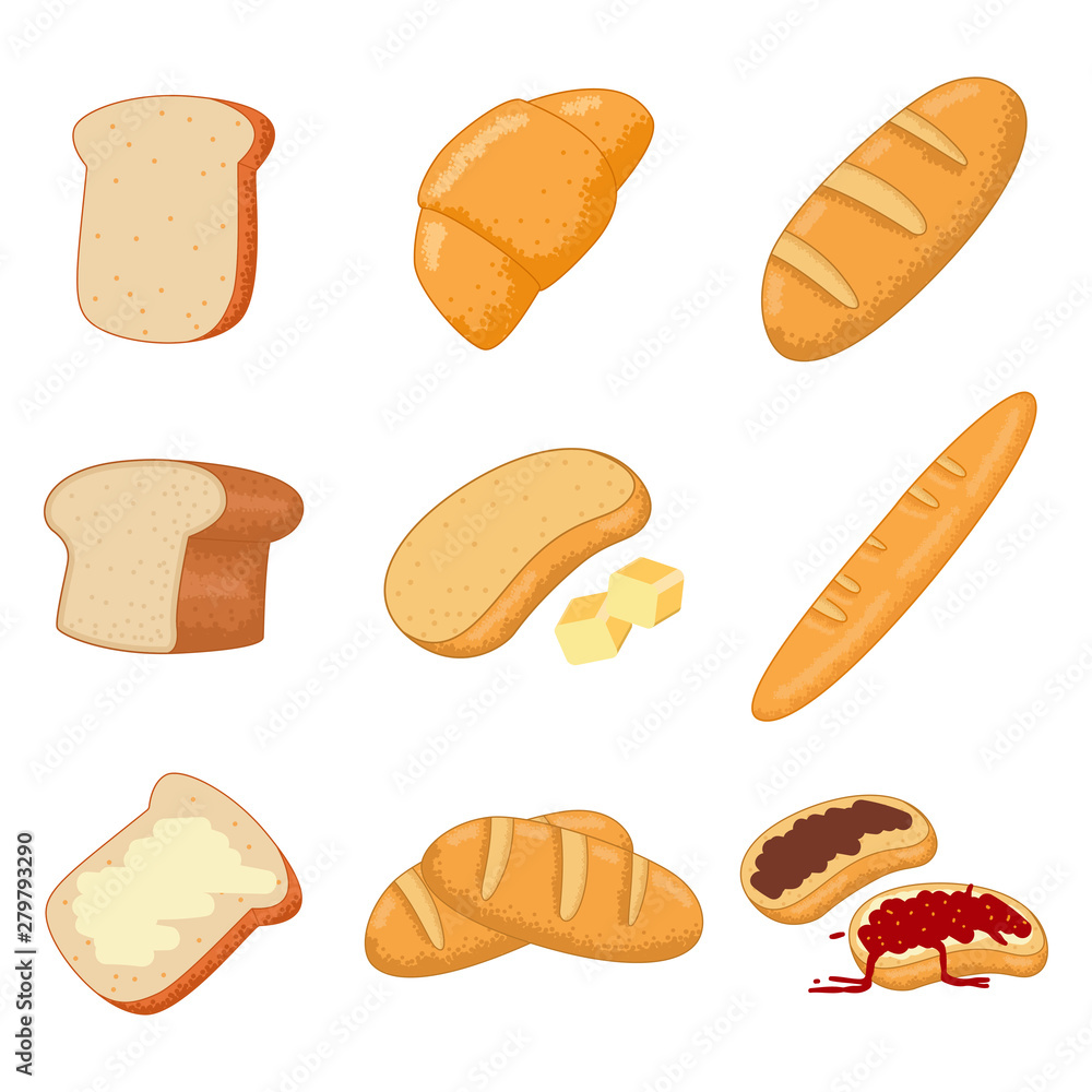 Bread and pastries vector cartoon set isolated on a white background ...