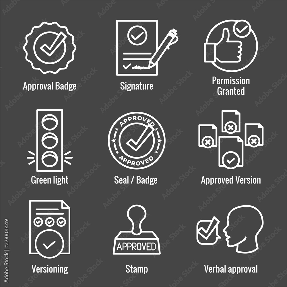 Approval and Signature Icon Set with Stamp & version icons Stock Vector ...