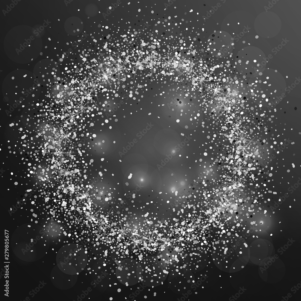 Silver particles in circle form on dark background. Lights Shine effect ...