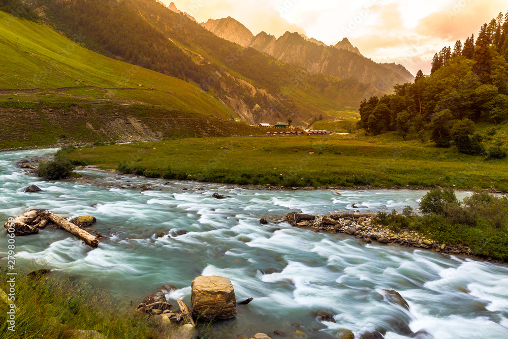 Water flowing at Hill station of Sonamarg, Jammu and Kashmir. Valley of ...