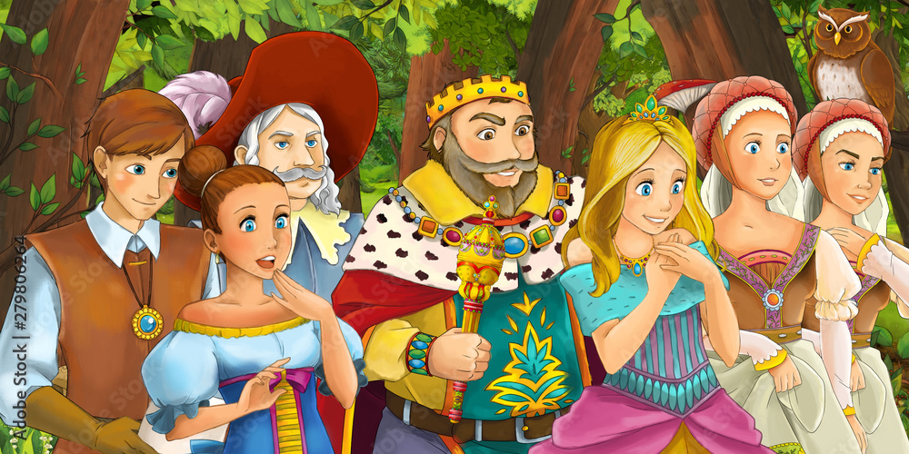 cartoon scene with happy young girl and boy prince and princess and ...
