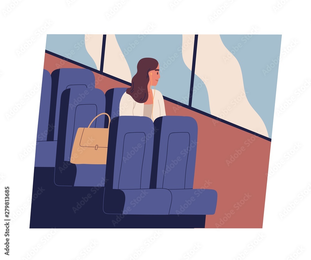 Vetor de Young woman sitting in bus, looking out window and listening ...