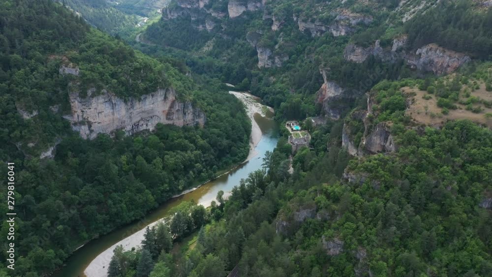 Gorges du Tarn canyon and forest aerial view France. Chateau de la Caze ...