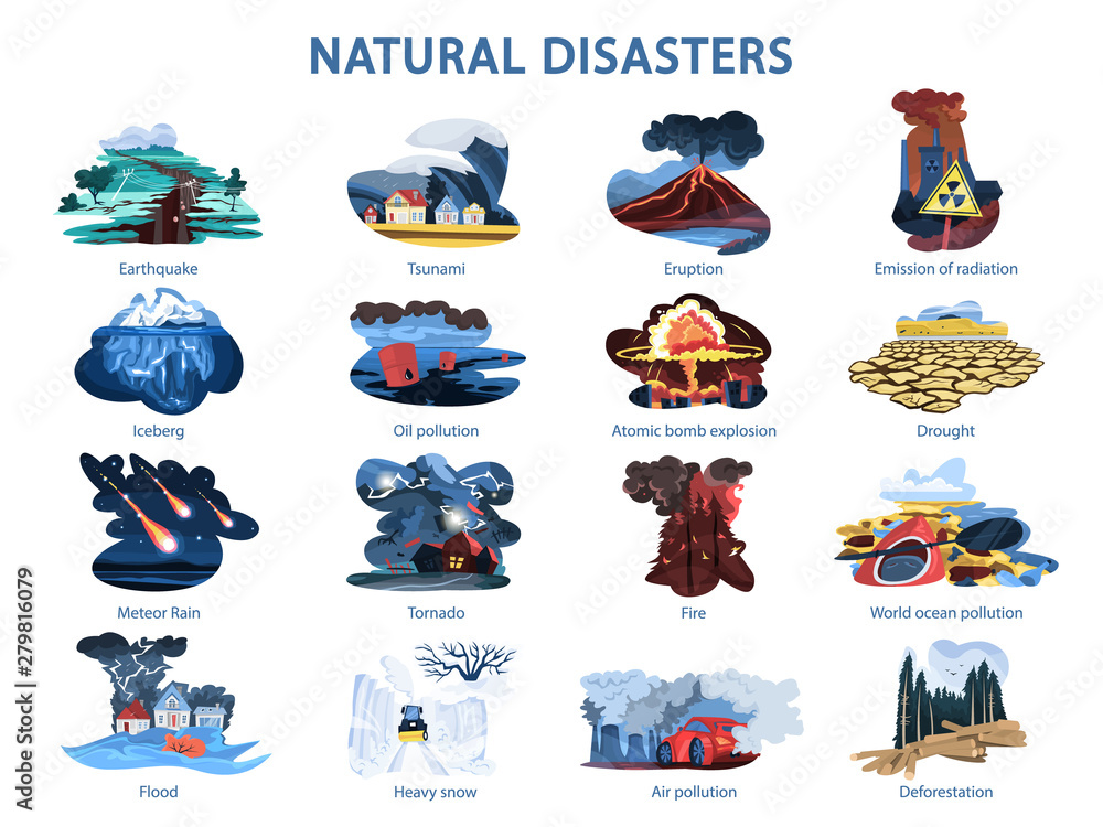 Natural disaster set. Earthquake and flood, forest in fire Stock Vector ...