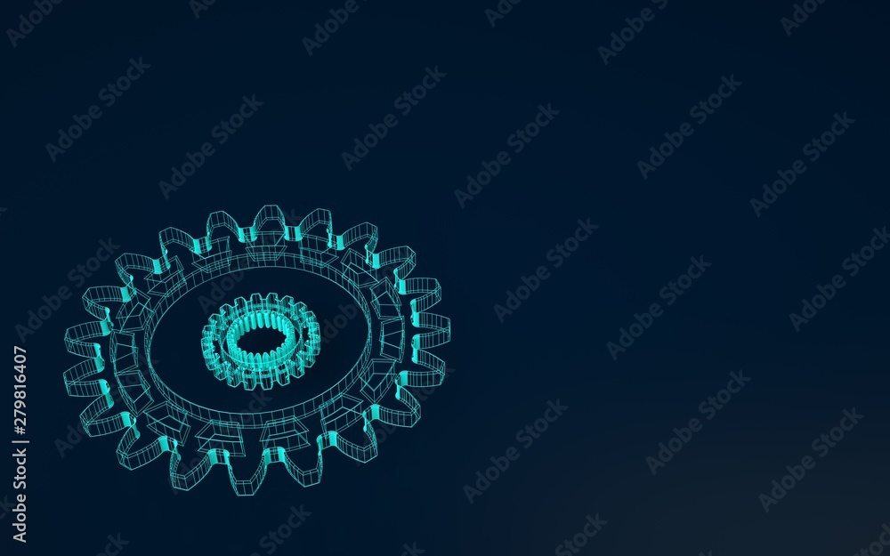 3d rendering for design. Wireframe gear wheel on dark blue background ...