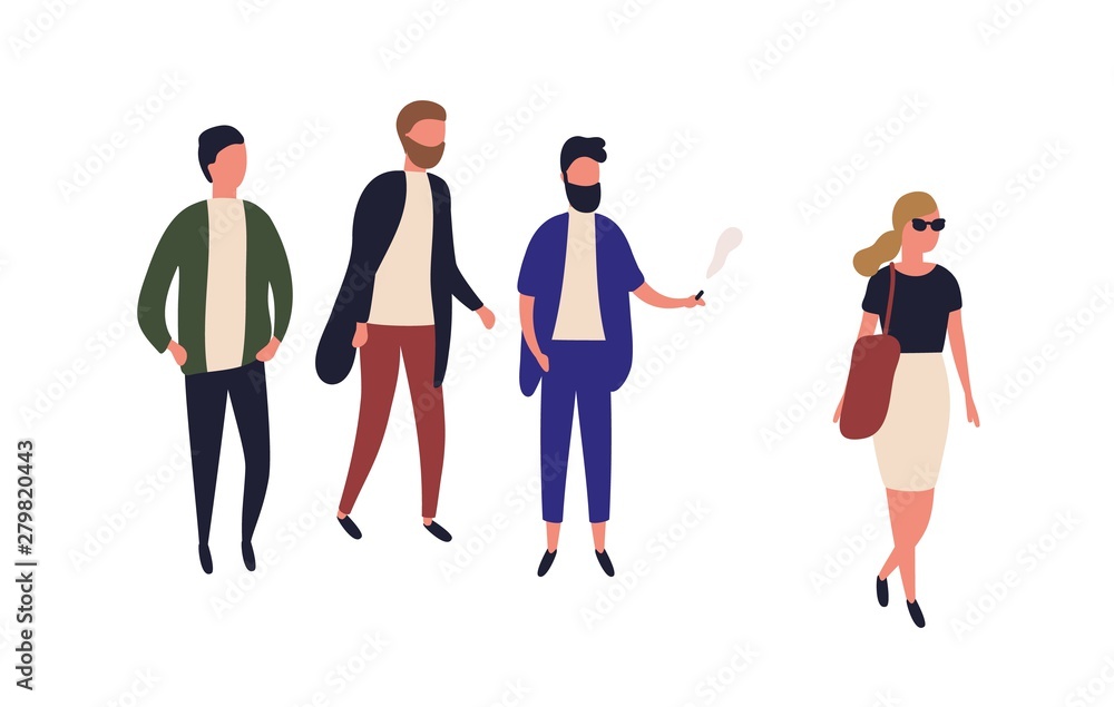 Beautiful woman passing by group of young men. Street harassment ...