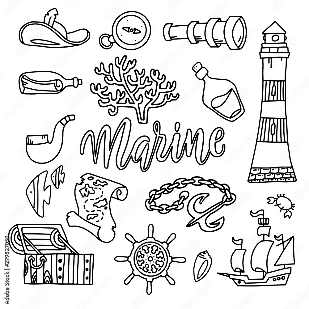 Nautical hand draw line icons set. Collection of 17 nautical outline ...