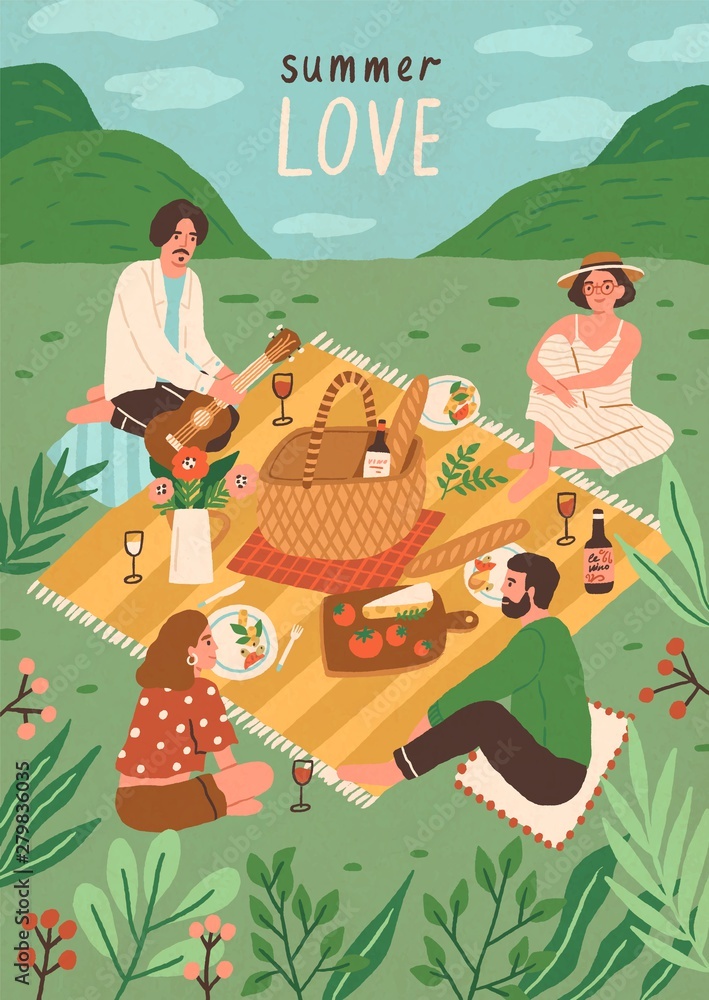 Group of cute happy friends having lunch meals outdoor. Young smiling ...