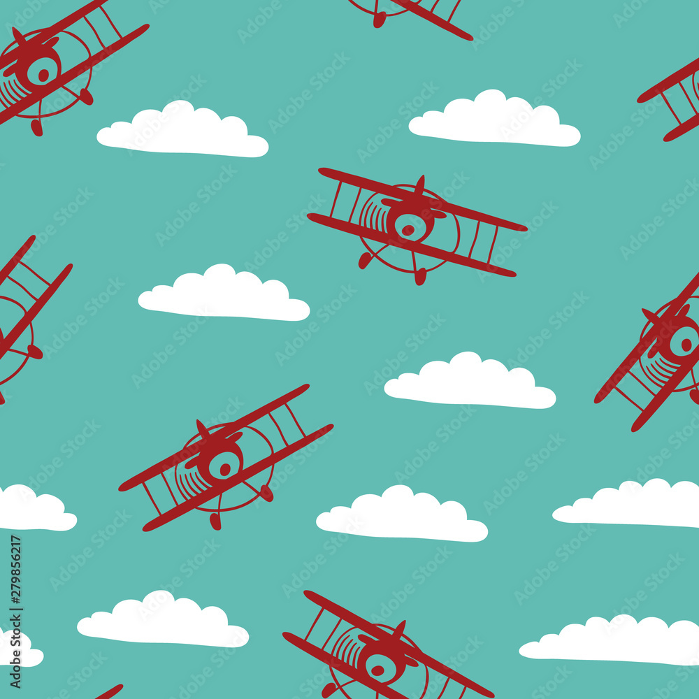 Seamless pattern with biplanes and clouds. Baby boy print for wallpaper ...