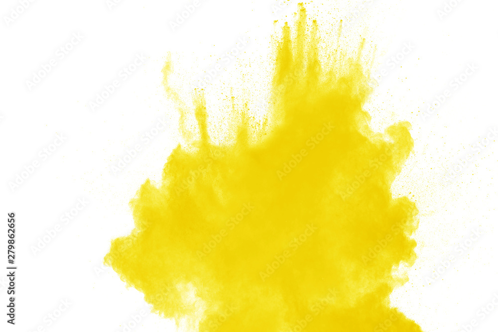 Yellow dust particles explosion on white background. Yellow powder dust ...